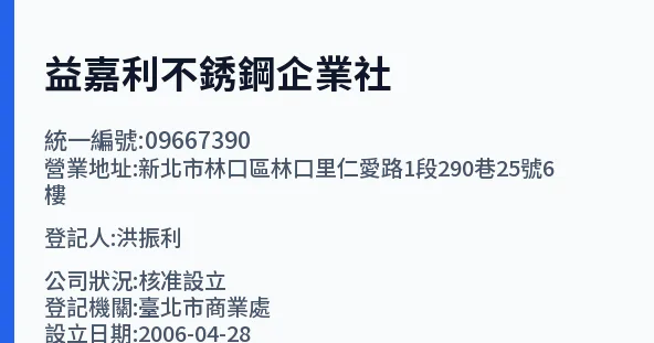 益嘉利不銹鋼企業社的照片-統編 09667390(新北市) 公司登記資料與營業項目詳細圖表