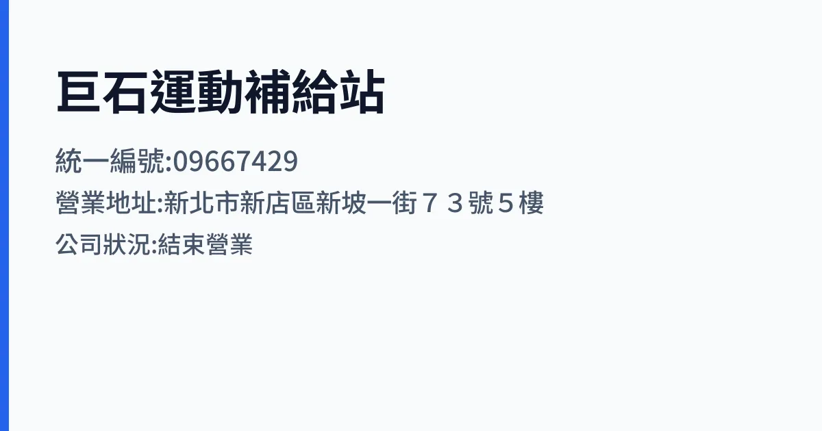 巨石運動補給站 - 統編 09667429(新北市) 公司登記資料與營業項目詳細圖表