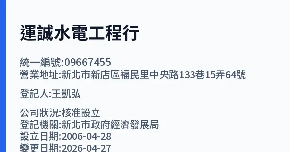 運誠水電工程行的照片-統編 09667455(新北市) 公司登記資料與營業項目詳細圖表