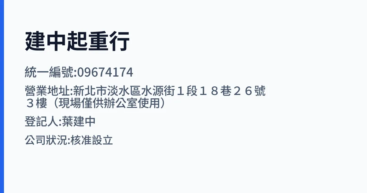 建中起重行 - 統編 09674174(新北市) 公司登記資料與營業項目詳細圖表