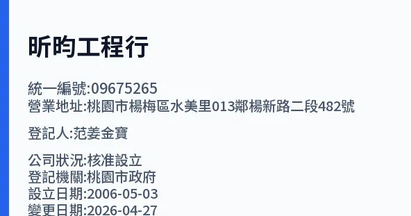 昕昀工程行的照片-統編 09675265(桃園市) 公司登記資料與營業項目詳細圖表