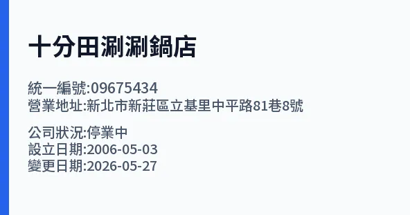 十分田涮涮鍋店的照片-統編 09675434(新北市) 公司登記資料與營業項目詳細圖表