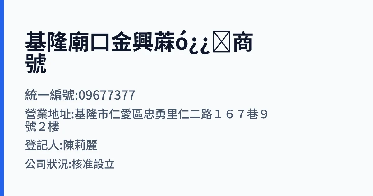 基隆廟口金興蔴󿿁商號 - 統編 09677377（基隆市） 公司登記資料與營業項目詳細圖表
