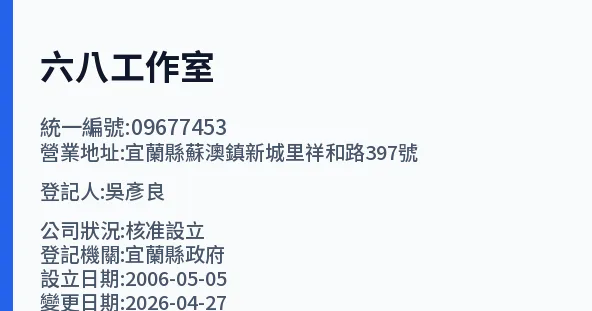 六八工作室的照片-統編 09677453(宜蘭縣) 公司登記資料與營業項目詳細圖表