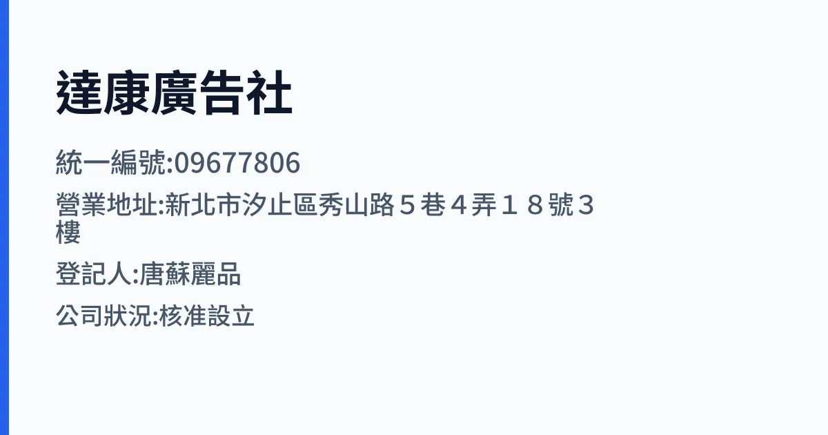 達康廣告社 - 統編 09677806(新北市) 公司登記資料與營業項目詳細圖表