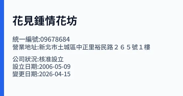 花見鍾情花坊的照片-統編 09678684(新北市) 公司登記資料與營業項目詳細圖表