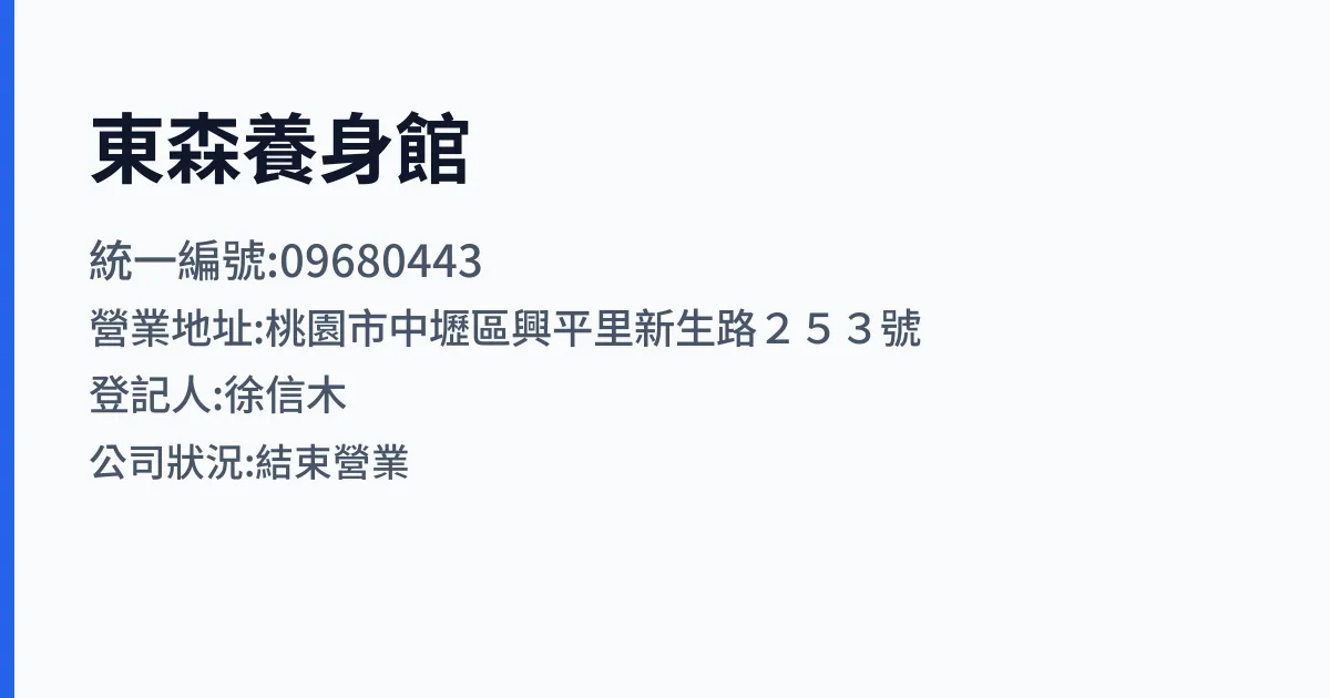 東森養身館 - 統編 09680443(桃園市) 公司登記資料與營業項目詳細圖表