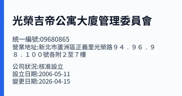 光榮吉帝公寓大廈管理委員會的照片-統編 09680865(新北市) 公司登記資料與營業項目詳細圖表