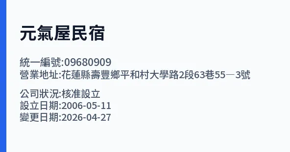元氣屋民宿的照片-統編 09680909(花蓮縣) 公司登記資料與營業項目詳細圖表