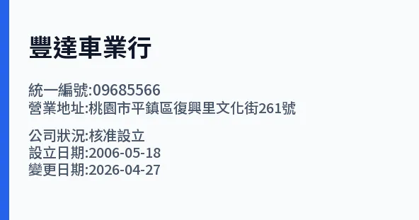 豐達車業行的照片-統編 09685566(桃園市) 公司登記資料與營業項目詳細圖表