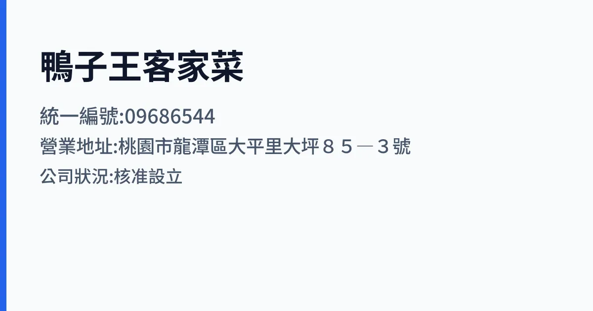 鴨子王客家菜 - 統編 09686544(桃園市) 公司登記資料與營業項目詳細圖表