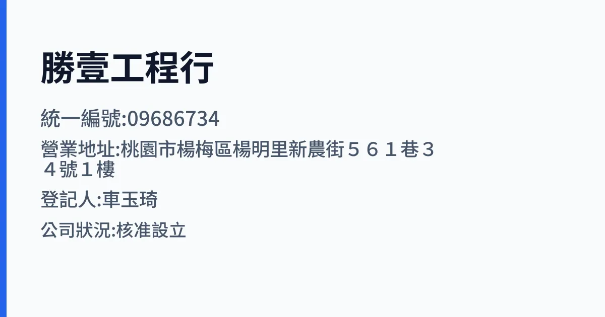 勝壹工程行 - 統編 09686734(桃園市) 公司登記資料與營業項目詳細圖表