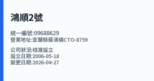 鴻順2號的照片-統編 09688629(宜蘭縣) 公司登記資料與營業項目詳細圖表