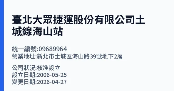 臺北大眾捷運股份有限公司土城線海山站的照片-統編 09689964(新北市) 公司登記資料與營業項目詳細圖表