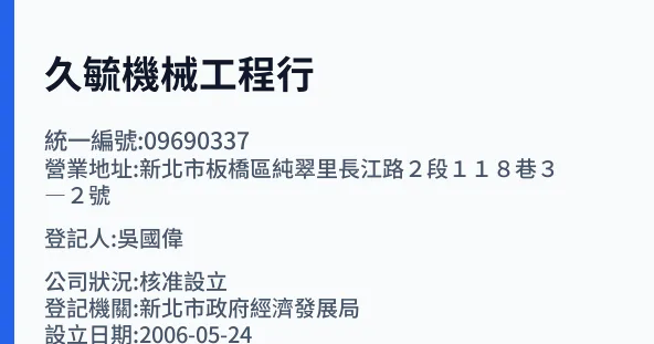 久毓機械工程行的照片-統編 09690337(新北市) 公司登記資料與營業項目詳細圖表