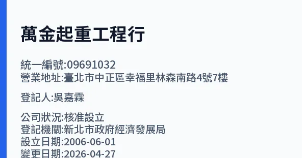 萬金起重工程行的照片-統編 09691032(臺北市) 公司登記資料與營業項目詳細圖表