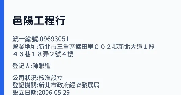 邑陽工程行的照片-統編 09693051(新北市) 公司登記資料與營業項目詳細圖表
