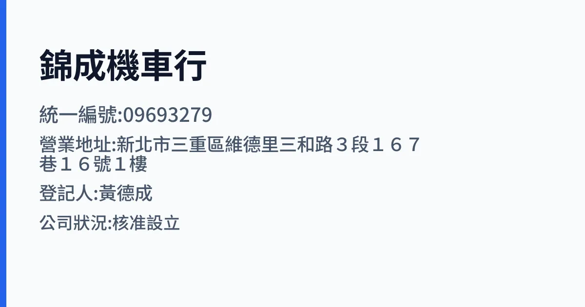 錦成機車行 - 統編 09693279(新北市) 公司登記資料與營業項目詳細圖表
