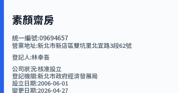 素顏齋房的照片-統編 09694657(新北市) 公司登記資料與營業項目詳細圖表
