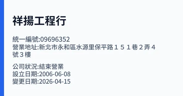 祥揚工程行的照片-統編 09696352(新北市) 公司登記資料與營業項目詳細圖表