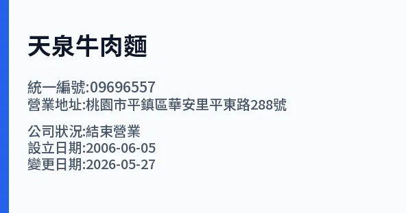 天泉牛肉麵的照片-統編 09696557(桃園市) 公司登記資料與營業項目詳細圖表