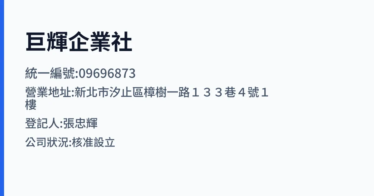 巨輝企業社 - 統編 09696873(新北市) 公司登記資料與營業項目詳細圖表