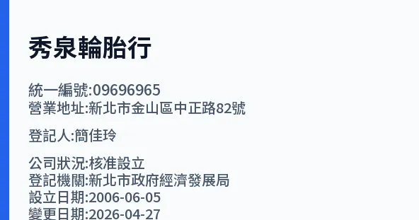 秀泉輪胎行的照片-統編 09696965(新北市) 公司登記資料與營業項目詳細圖表