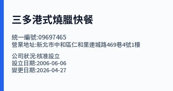 三多港式燒臘快餐的照片-統編 09697465(新北市) 公司登記資料與營業項目詳細圖表