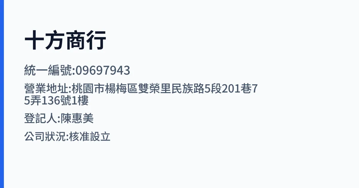 十方商行 - 統編 09697943(桃園市) 公司登記資料與營業項目詳細圖表