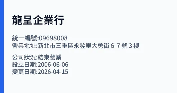 龍呈企業行的照片-統編 09698008(新北市) 公司登記資料與營業項目詳細圖表