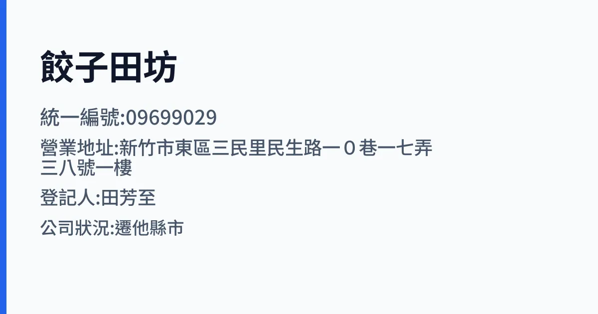 餃子田坊 - 統編 09699029(苗栗縣) 公司登記資料與營業項目詳細圖表