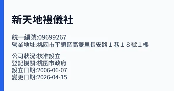 新天地禮儀社的照片-統編 09699267(桃園市) 公司登記資料與營業項目詳細圖表