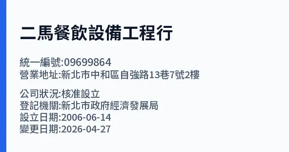 二馬餐飲設備工程行的照片-統編 09699864(新北市) 公司登記資料與營業項目詳細圖表
