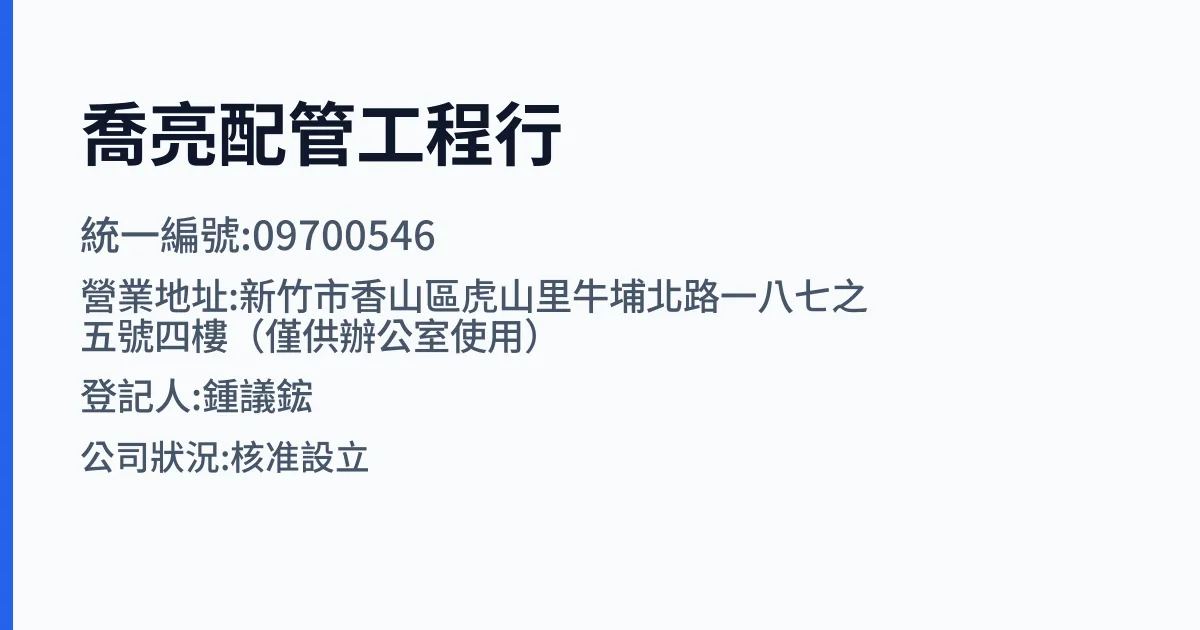 喬亮配管工程行 - 統編 09700546(新竹市) 公司登記資料與營業項目詳細圖表