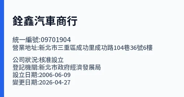 銓鑫汽車商行的照片-統編 09701904(新北市) 公司登記資料與營業項目詳細圖表