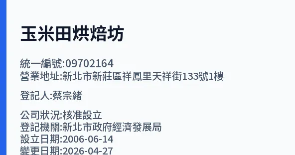 玉米田烘焙坊的照片-統編 09702164(新北市) 公司登記資料與營業項目詳細圖表