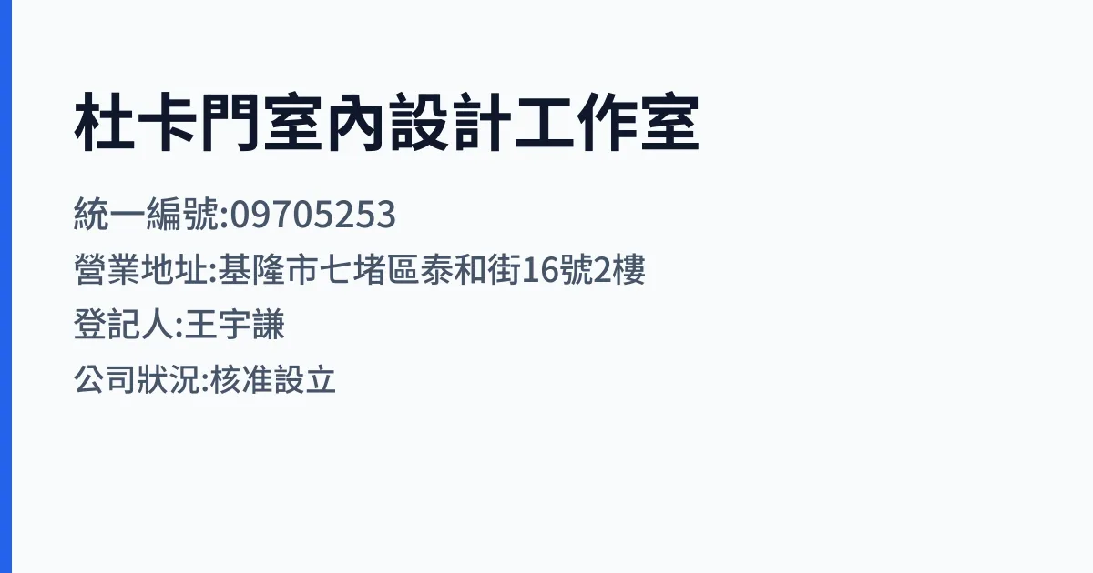 杜卡門室內設計工作室 - 統編 09705253(基隆市) 公司登記資料與營業項目詳細圖表