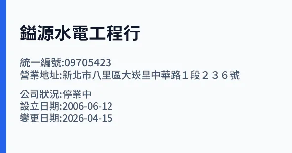 鎰源水電工程行的照片-統編 09705423(新北市) 公司登記資料與營業項目詳細圖表