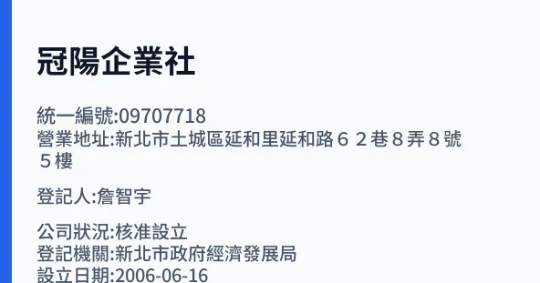冠陽企業社的照片-統編 09707718(新北市) 公司登記資料與營業項目詳細圖表