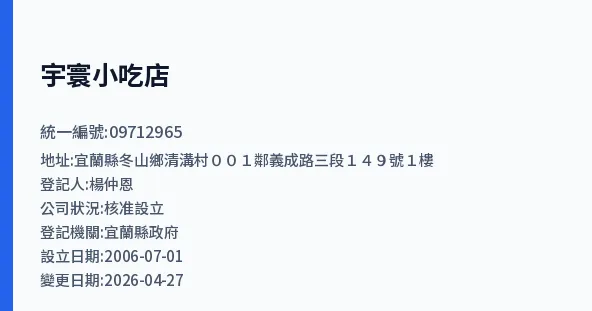 宇寰小吃店的照片-統編 09712965(宜蘭縣) 公司登記資料與營業項目詳細圖表