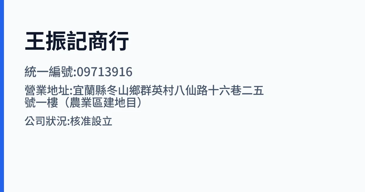 王振記商行 - 統編 09713916(宜蘭縣) 公司登記資料與營業項目詳細圖表