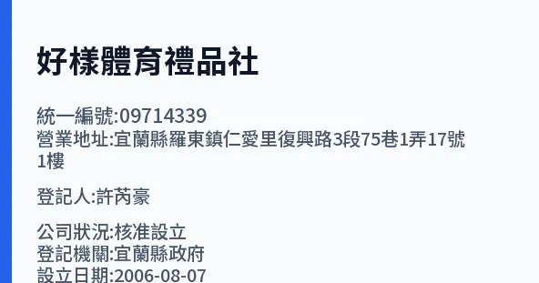 好樣體育禮品社的照片-統編 09714339(宜蘭縣) 公司登記資料與營業項目詳細圖表