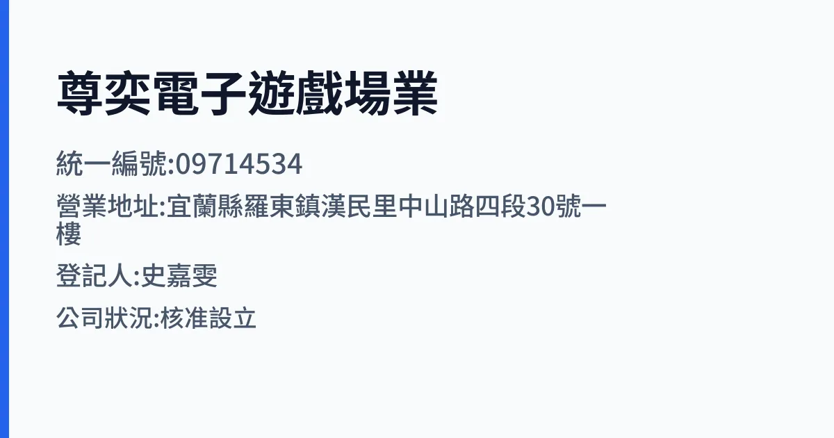 尊奕電子遊戲場業 - 統編 09714534(宜蘭縣) 公司登記資料與營業項目詳細圖表