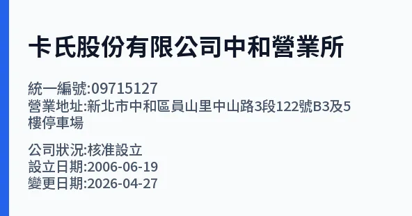 卡氏股份有限公司中和營業所的照片-統編 09715127(新北市) 公司登記資料與營業項目詳細圖表