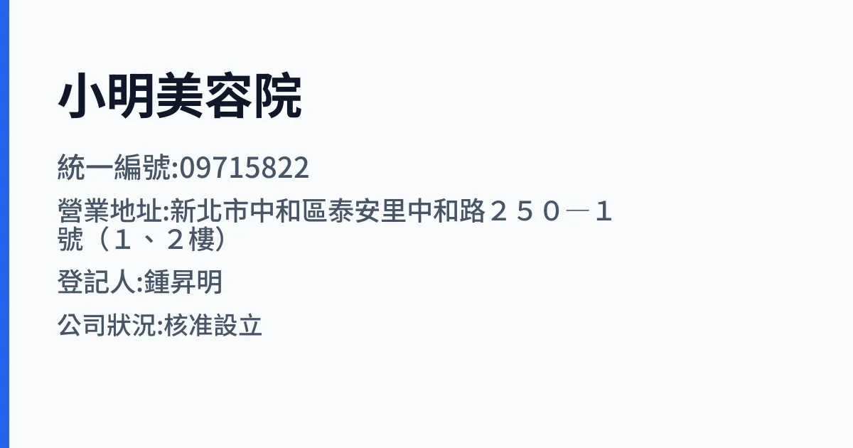 小明美容院 - 統編 09715822（新北市） 公司登記資料與營業項目詳細圖表