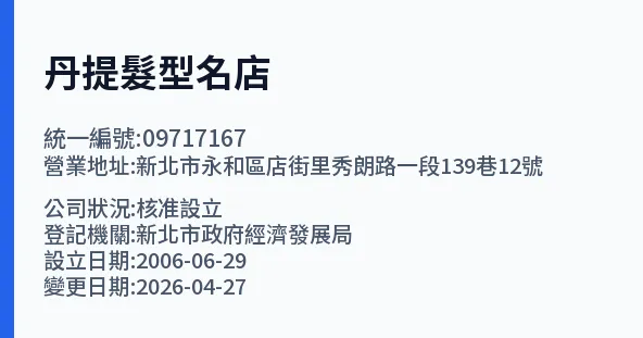 丹提髮型名店的照片-統編 09717167(新北市) 公司登記資料與營業項目詳細圖表