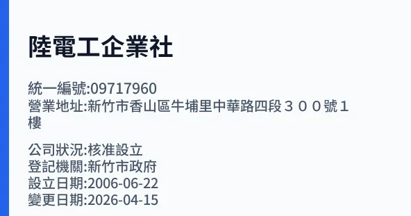 陸電工企業社的照片-統編 09717960(新竹市) 公司登記資料與營業項目詳細圖表