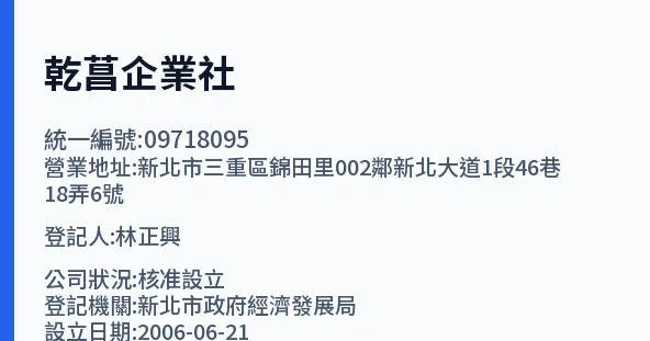 乾菖企業社的照片-統編 09718095(新北市) 公司登記資料與營業項目詳細圖表