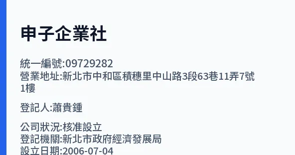 申子企業社的照片-統編 09729282(新北市) 公司登記資料與營業項目詳細圖表