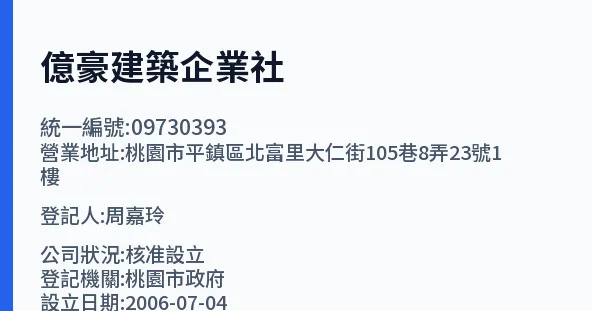 億豪建築企業社的照片-統編 09730393(桃園市) 公司登記資料與營業項目詳細圖表